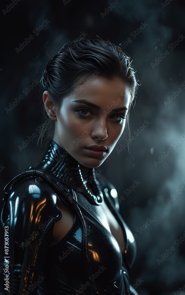 Futuristic Female robot in black armor Stock Photo | Adobe Stock