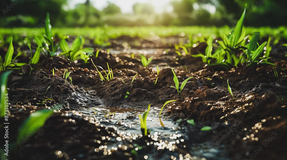 Rain Water gushing off farmland with crops that causes top-soil runoff ...