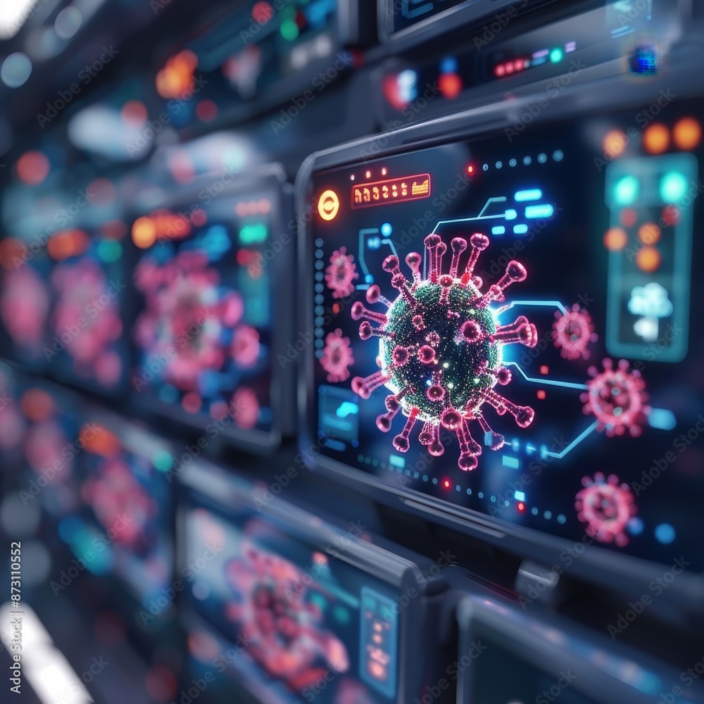 Futuristic screen displays digital virus analysis in a high-tech lab ...