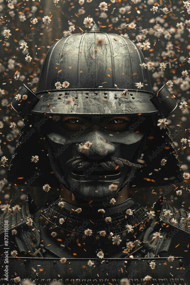 Design an illustration of a samurai's helmet and face in front; with a ...