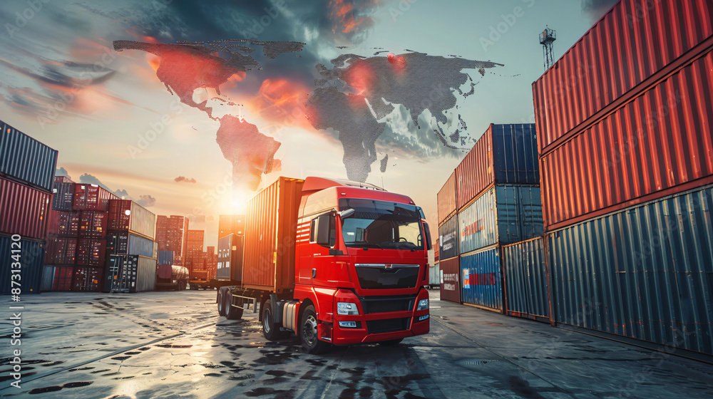 A business logistics concept illustrated by a global network coverage ...