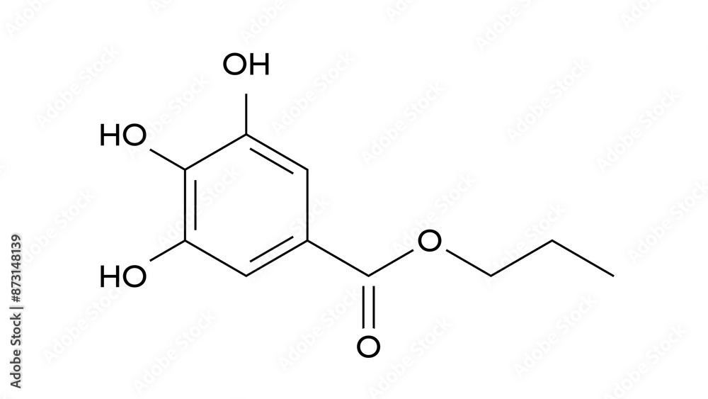 propyl gallate molecule, structural chemical formula, ball-and-stick ...