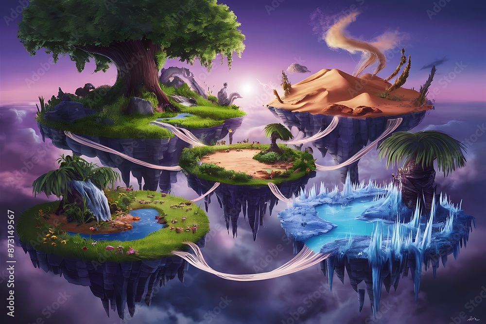 Five floating islands connected by bridges in a fantastical sky realm ...