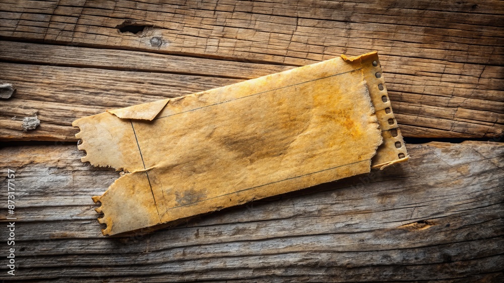 Faded creased abandoned yellowed ticket stub with torn edges and worn surface lying solitary on ...