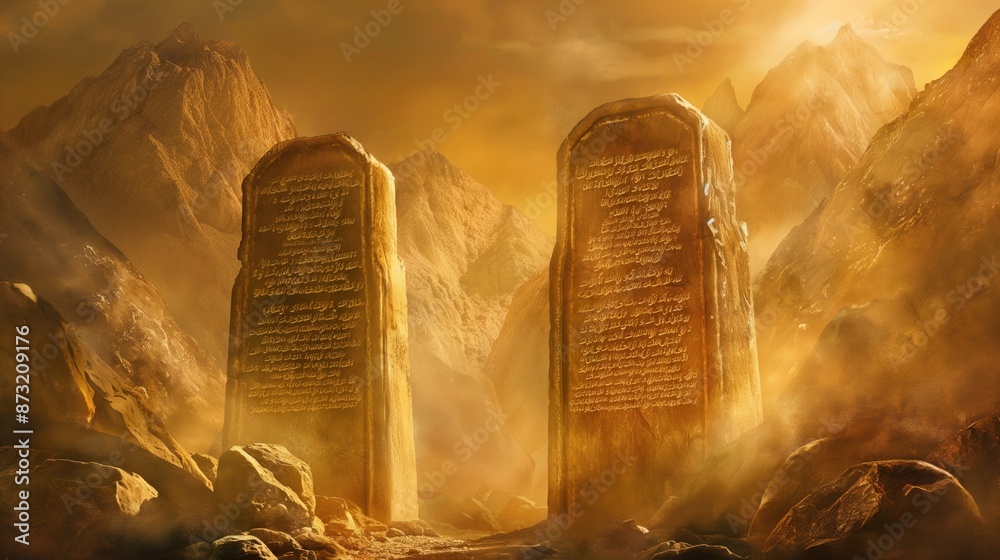 Ancient stone tablets with golden inscriptions of the Ten Commandments ...