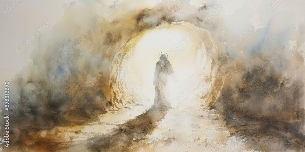 Watercolor painting of Jesus rising from the empty tomb, light ...