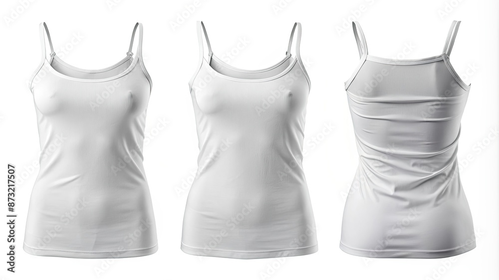 Set of woman white, front, back and side view Spaghetti thin strappy ...