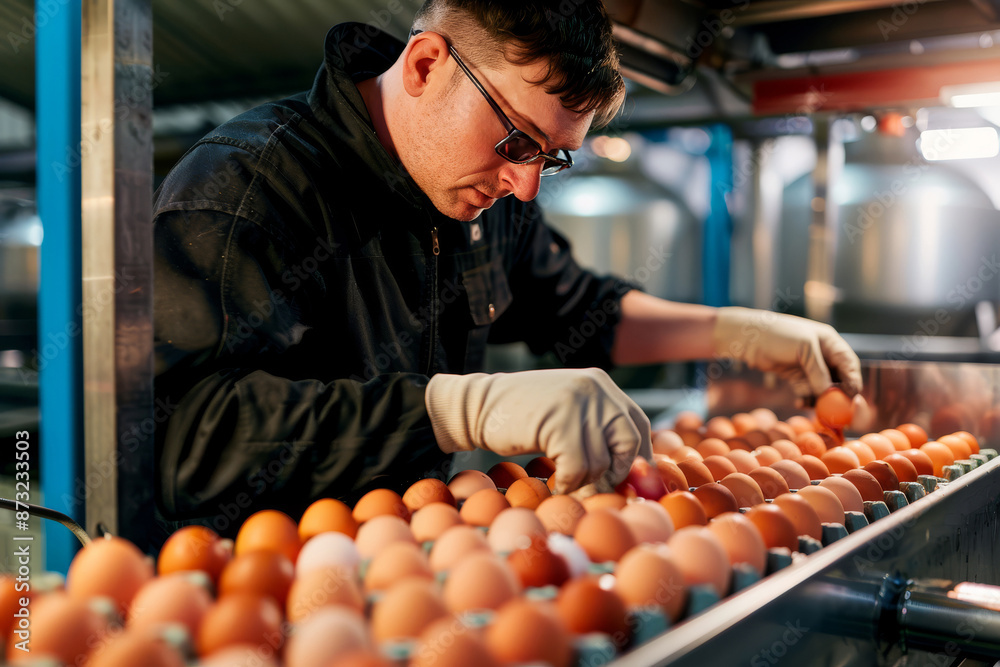 Worker sorting eggs on a production line in a food processing plant, ensuring quality and safety ...