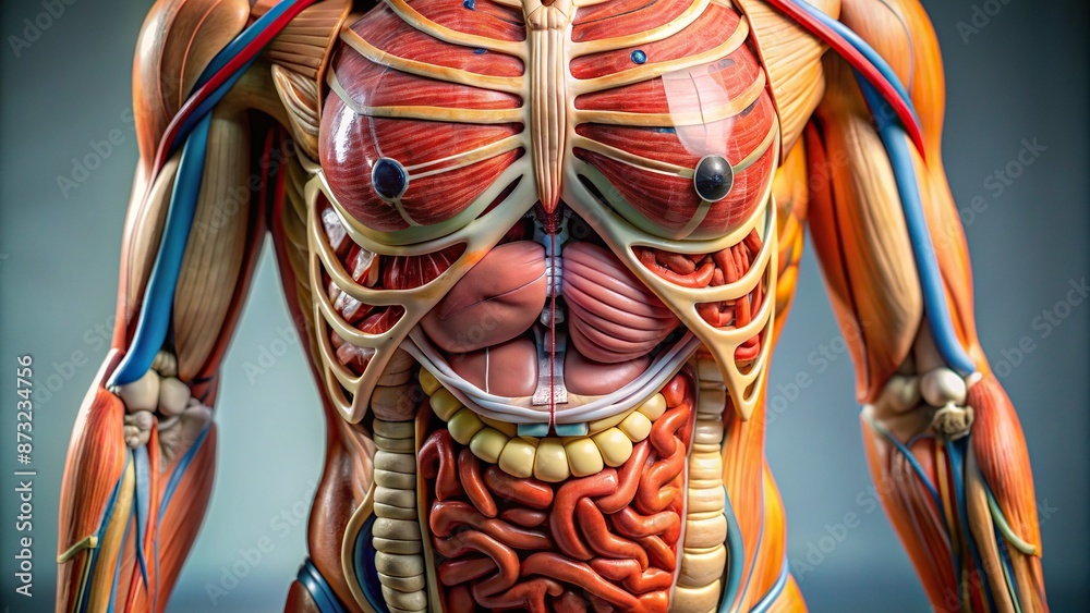 Close-up of a detailed anatomical model of the human abdominal area ...