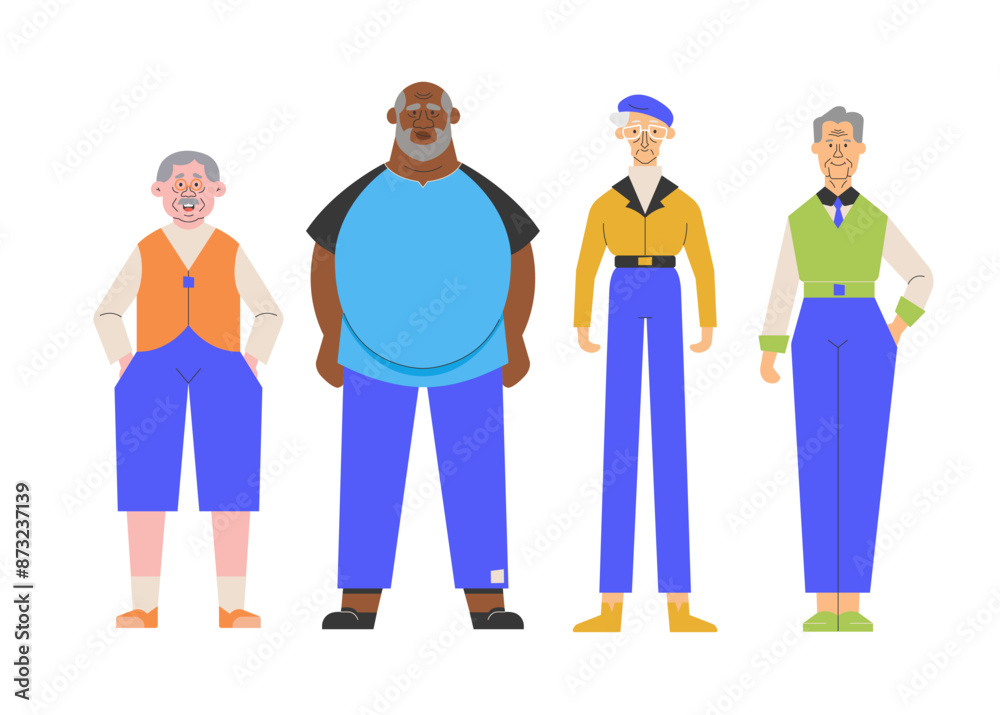 Four diverse elderly men standing together, showcasing a multicultural ...