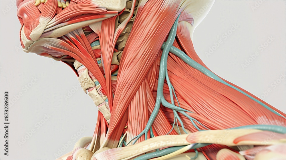 Detailed anatomical illustration of the neck muscles, veins, and ...