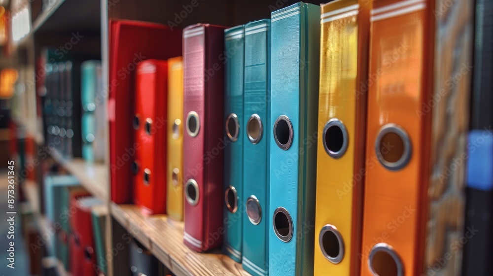 Row of colorful binders neatly arranged on a wooden shelf in an office ...
