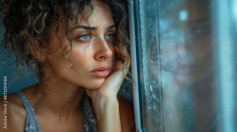 A thoughtfully posed woman with curly hair and blue eyes gazing out of ...