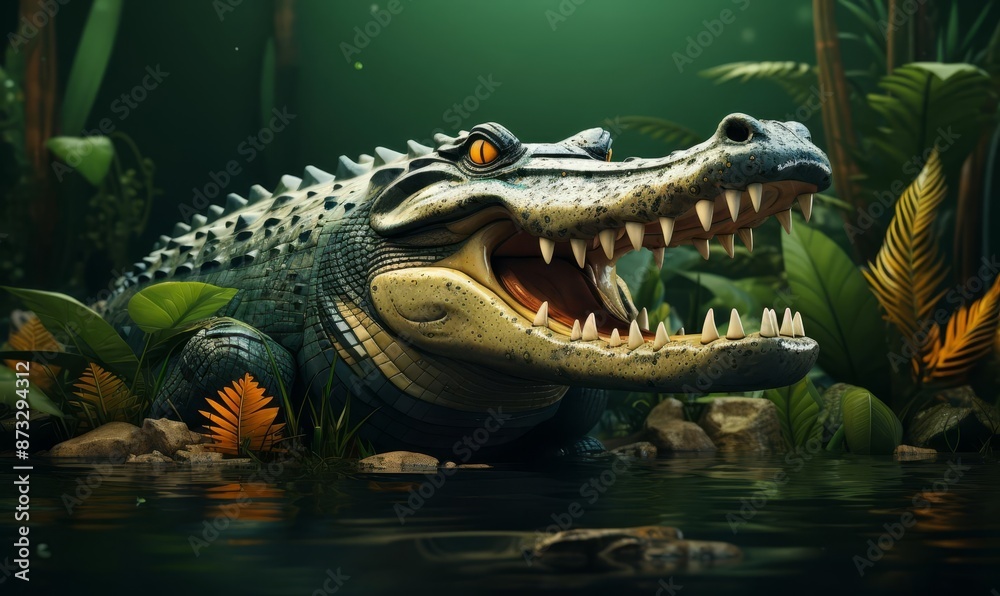 Crocodile with jaws wide open flat design side view wetland theme 3D ...