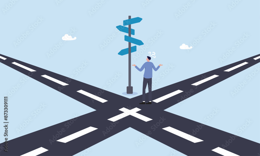 Confused businessman at the crossroads thinking way to go, business ...