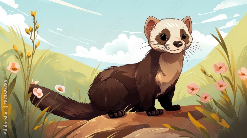 Ferret arching playfully flat design top view meadow theme cartoon ...