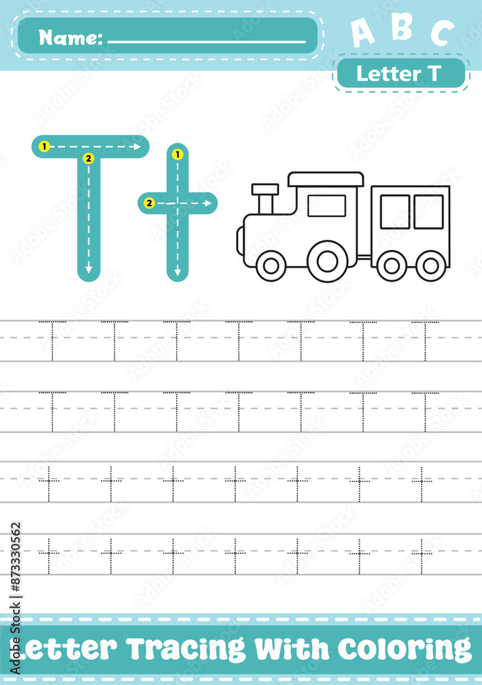 Letter T Uppercase Lowercase Tracing Worksheet with Coloring Apple ...