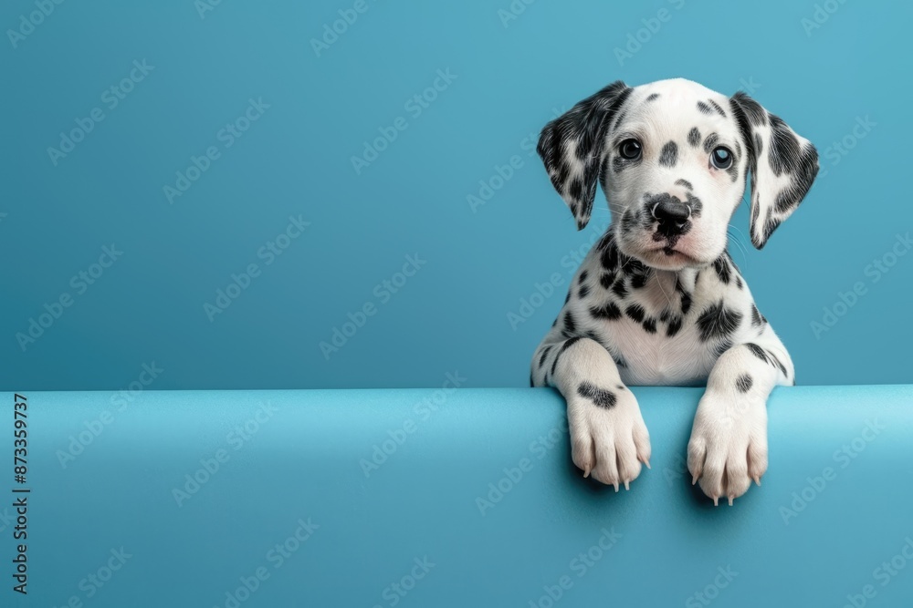 Beautiful Dalmatian puppy sits on a light blue backdrop, holding a ...
