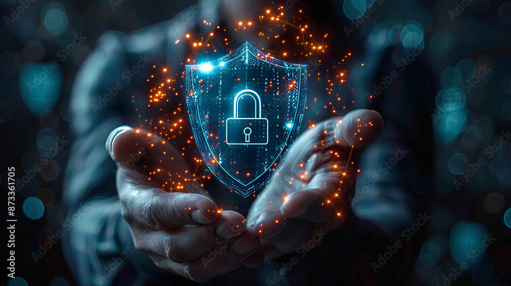 Protection network security computer and safe your data concept, businessman holding shield ...