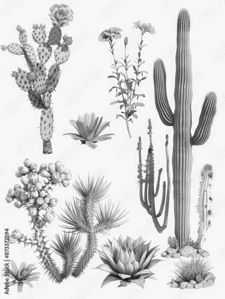A drawing of various cacti and other desert plants. Scene is serene and ...