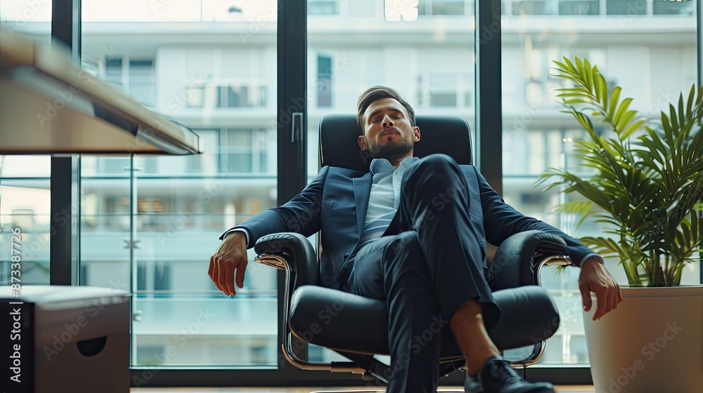 Sleepy tired sleeping business man boss exhausted sitting office chair ...