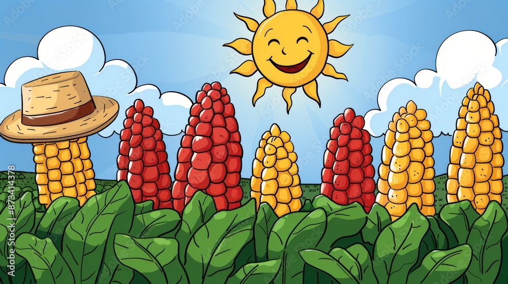 Cartoon Image of Colorful Corn Field Under Smiling Sun with Farmer's ...