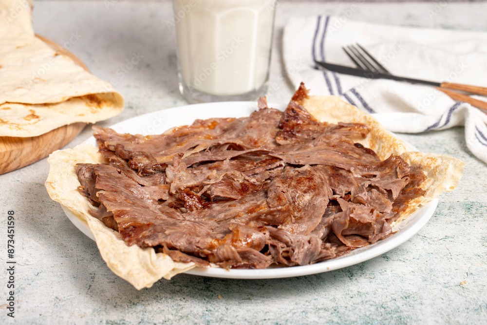 Meat Doner. Traditional Turkish cuisine taste. Cooked meat doner kebab ...