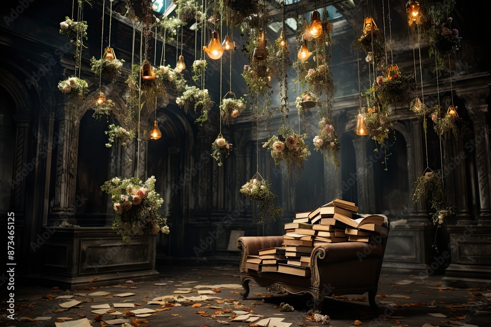 Step into an ethereal realm where old books hang suspended, creating a ...