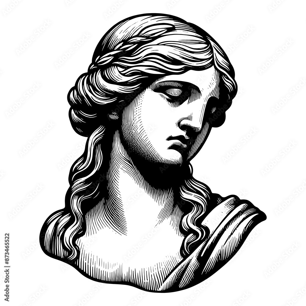 classical Greek statue, depicting a sad serene woman with a laurel ...