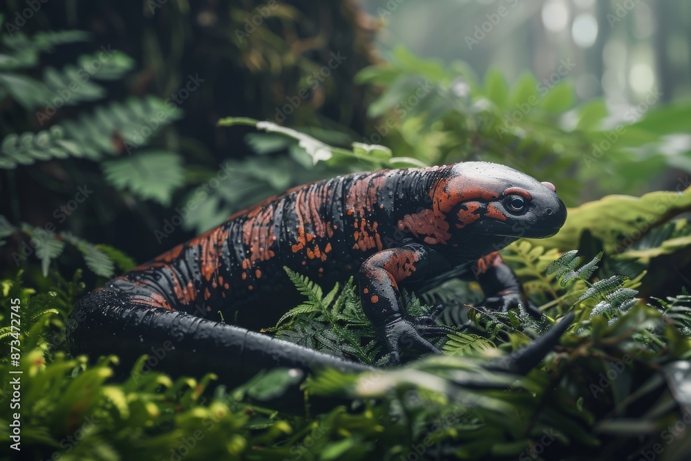Full body view of Japanese Giant Salamander on leave in natural habitat ...