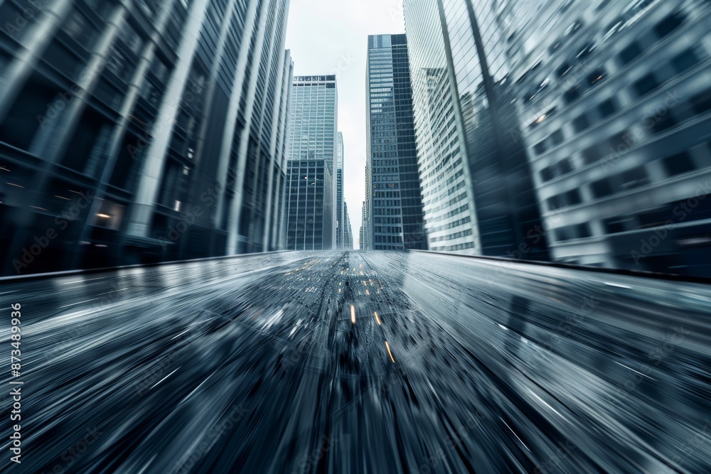 Low angle view of a futuristic city street, high-rise buildings on both ...