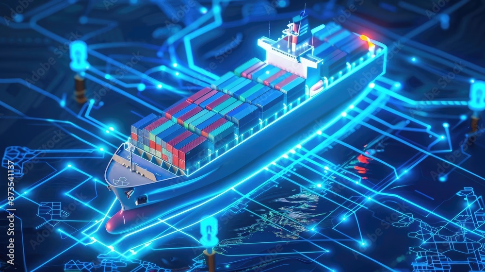 Container ship on a glowing digital network map, highlighting global ...