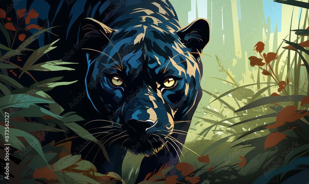 Panther stalking quietly flat design top view jungle theme cartoon ...