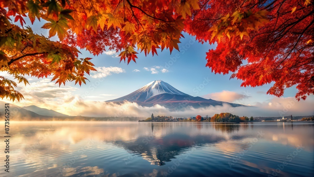 Colorful autumn scene at Lake Kawaguchiko with Mt. Fuji, morning fog ...