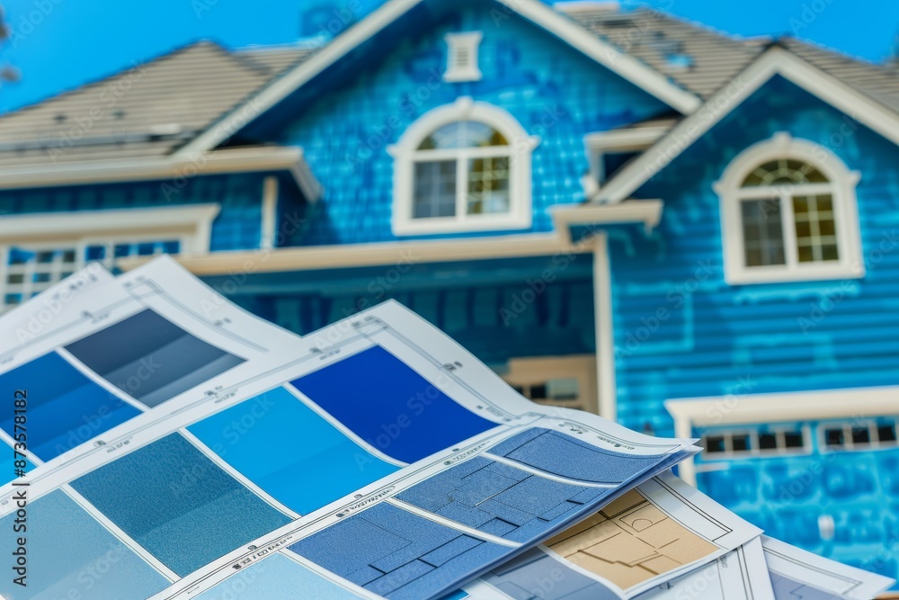 New home design concept blueprint and paint color palette selection for ...