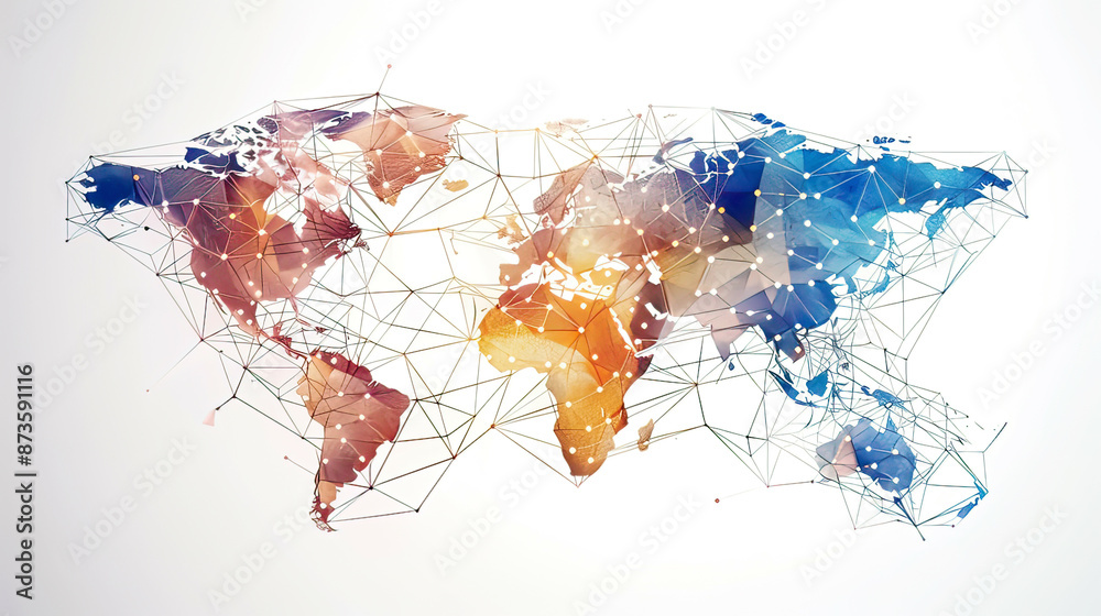 Photorealistic depiction of a world map banner with interconnected ...