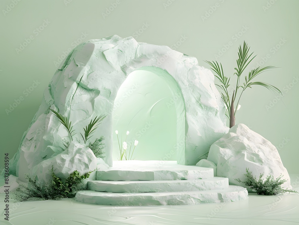 3D render of A scene of Jesus' resurrection with an empty tomb on a ...