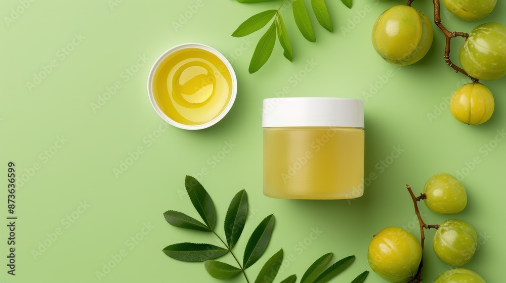 Amla Extract in a chic container, with amla fruits and leaves, on a ...