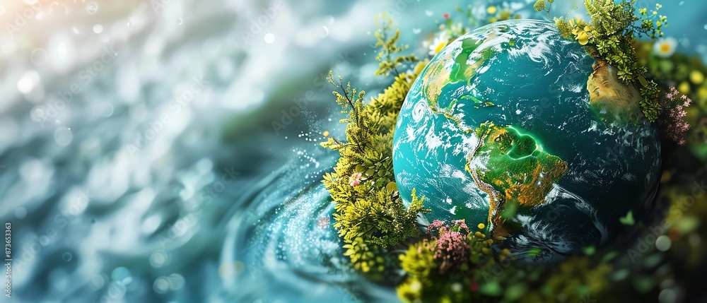Design a beautiful image of Earth encircled by water and nature ...
