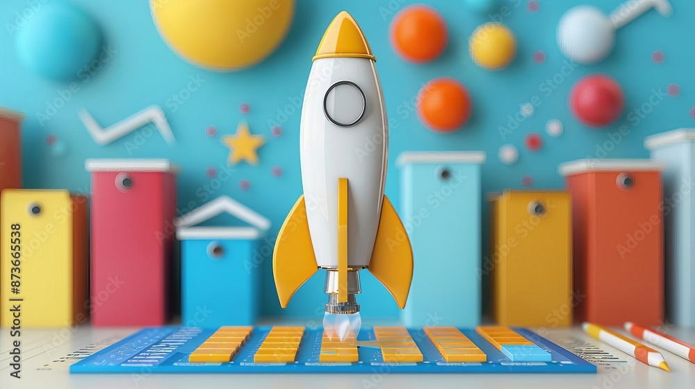 Colorful rocket model on board game with abstract shapes in the ...