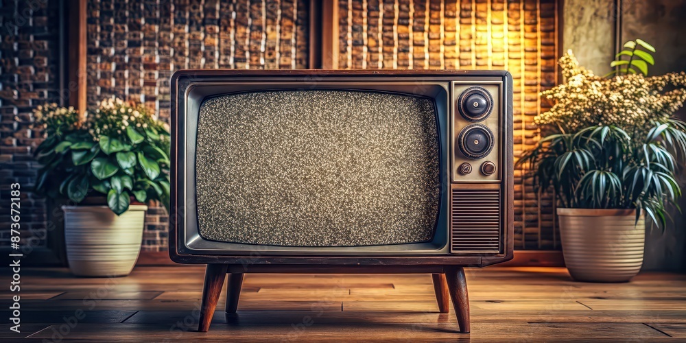 Vintage television with static noise on screen surrounded by cozy ...