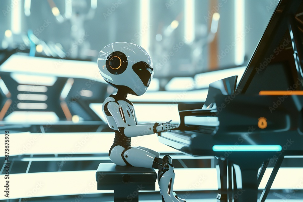 Robot musician playing a grand piano on a futuristic stage in 3D render ...