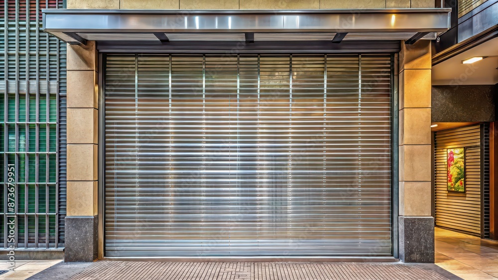 Closed storefront with metal security gate and signage in urban setting ...