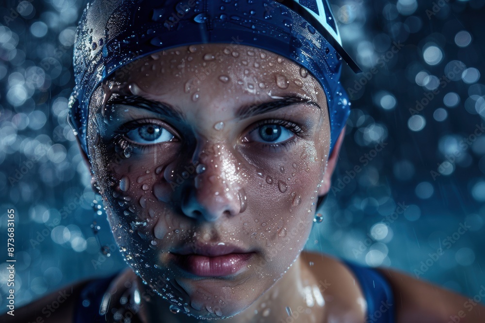 World-class swimmer's face in sharp studio lighting, water droplets ...