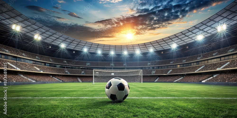 Giant soccer football field at a stadium with gates and ball , sports ...