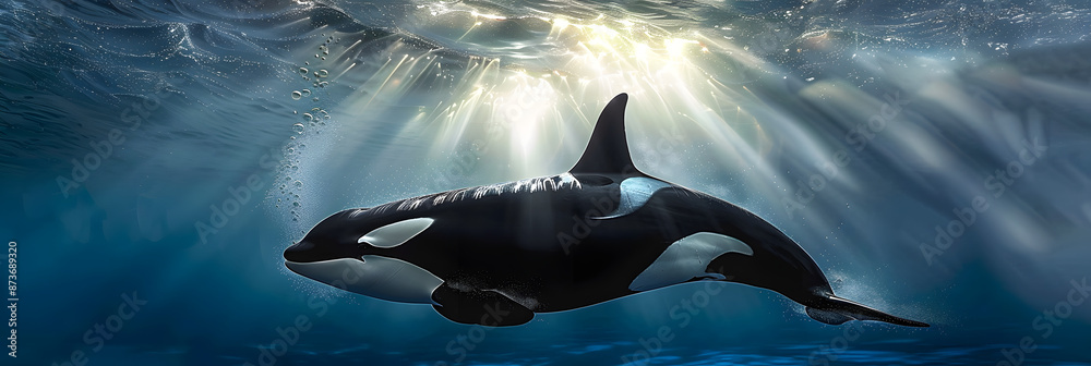 killer whale or Orcinus orca swimming underwater under sea life with ...