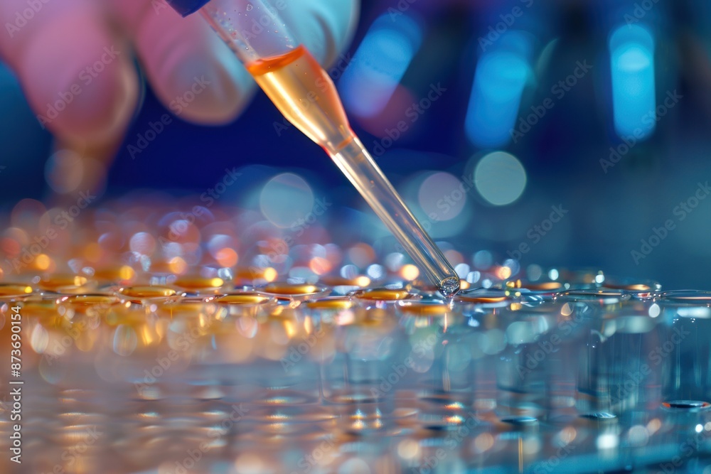 Gloved hand pipetting a sample into laboratory well. "Close-up of ...