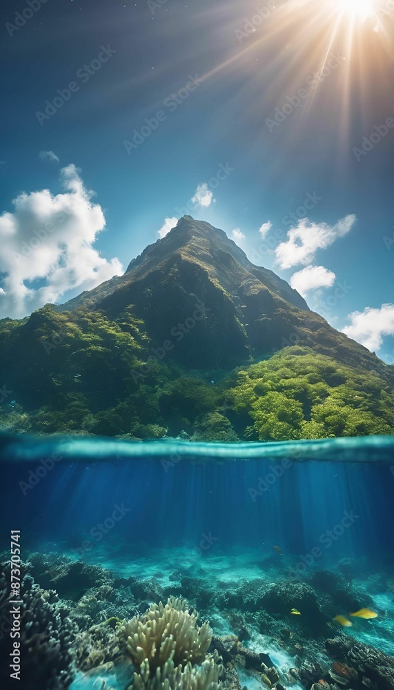 AI generated illustration of a mountain in the ocean, a deep underwater ...