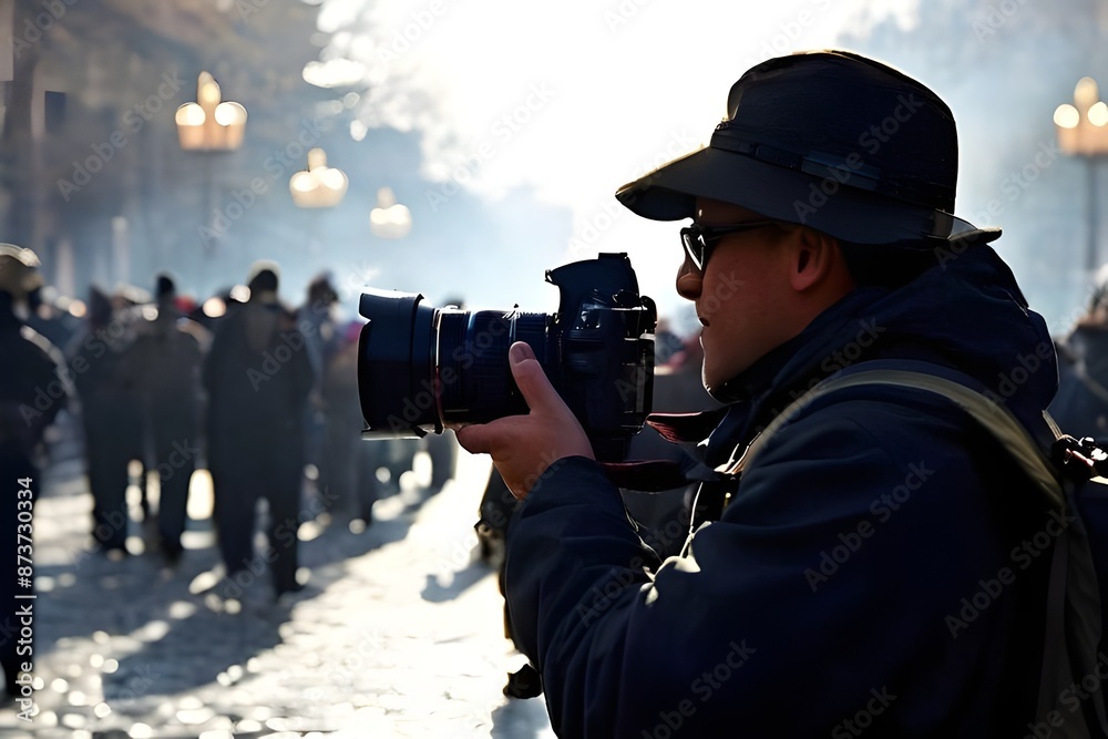 Depicting a photojournalist in action, capturing significant events and ...