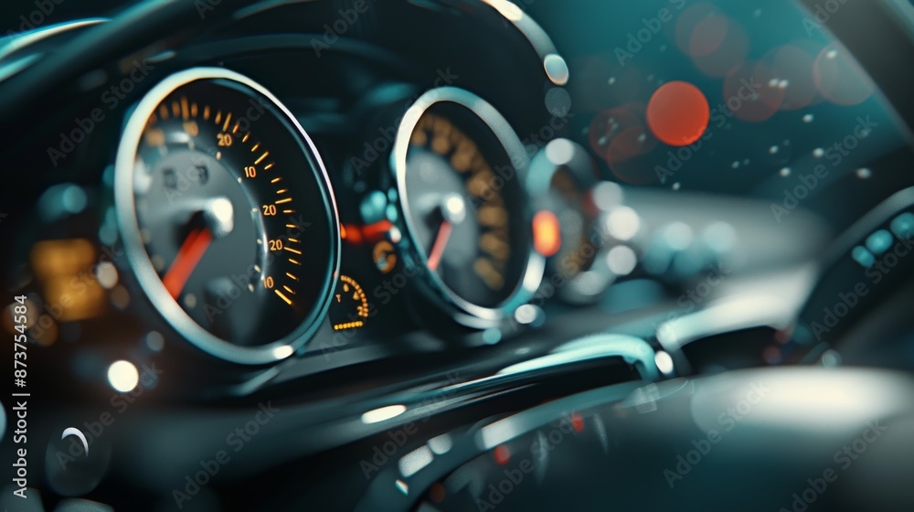 Car dashboard with illuminated speedometer and various gauges that ...